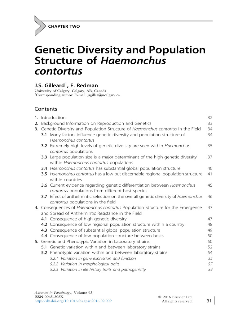 Genetic Diversity and Population Structure of Haemonchus Contortus | PDF