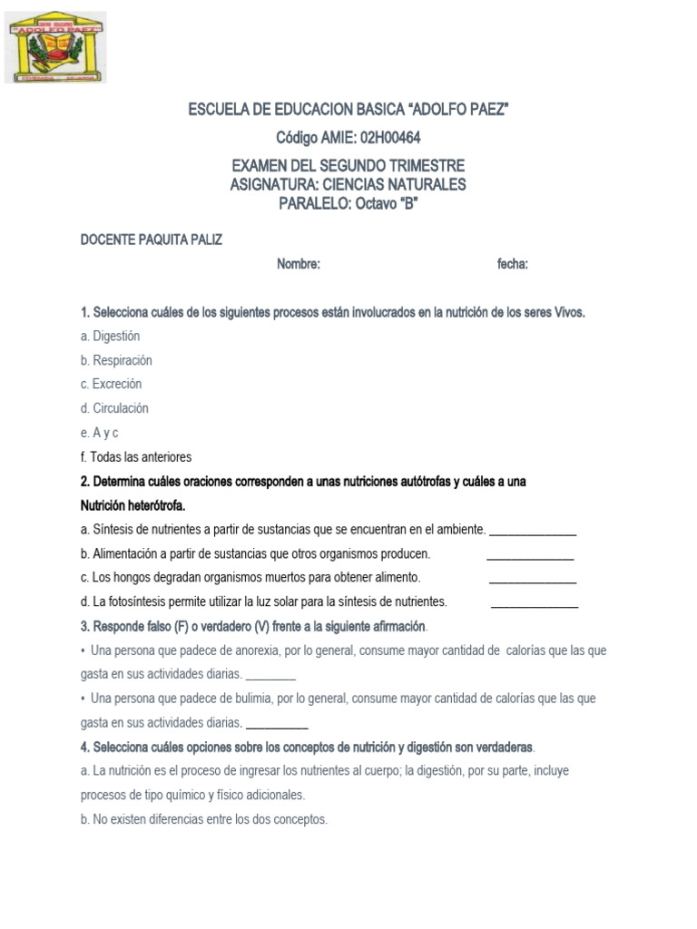 Examen de Octavo B | PDF