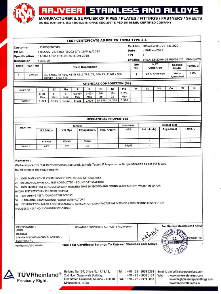 Rsa e MTC 22-23 1020 Astm A312 TP310S | PDF