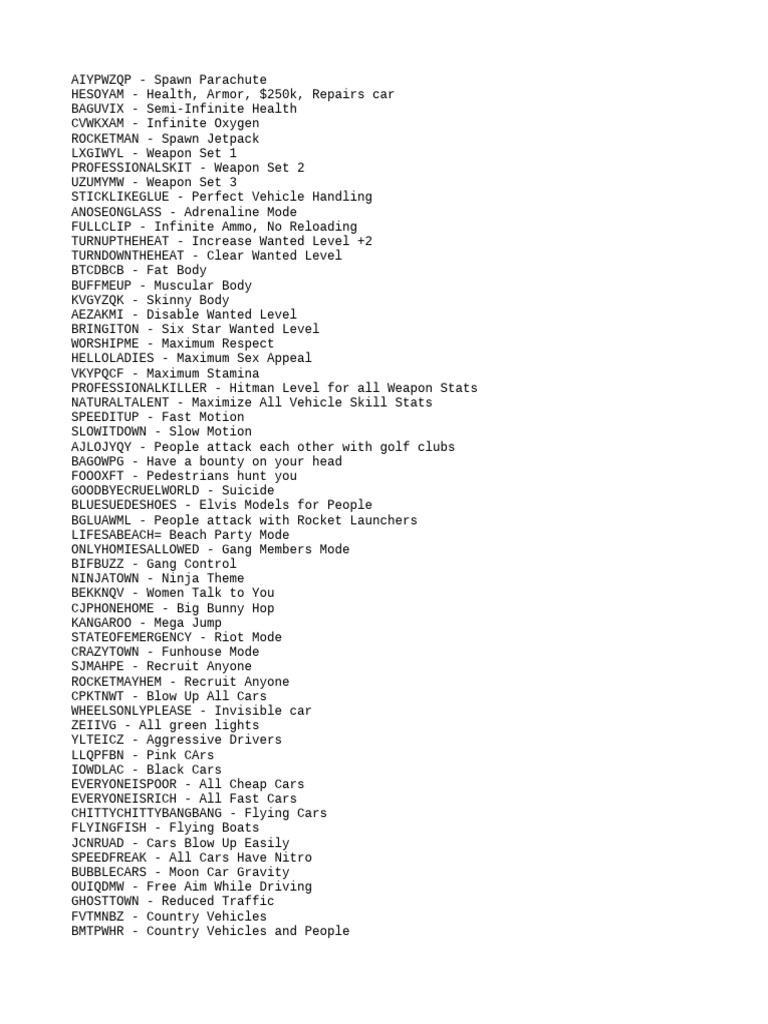 Gta SA Cheats | PDF | Vehicles | Transport