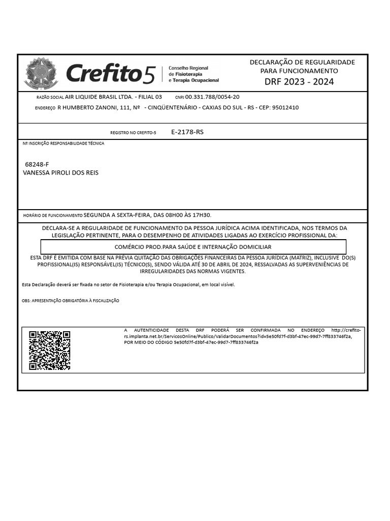 Declaração de Regularidade para Funcionamento: 68248-F Vanessa Piroli ...