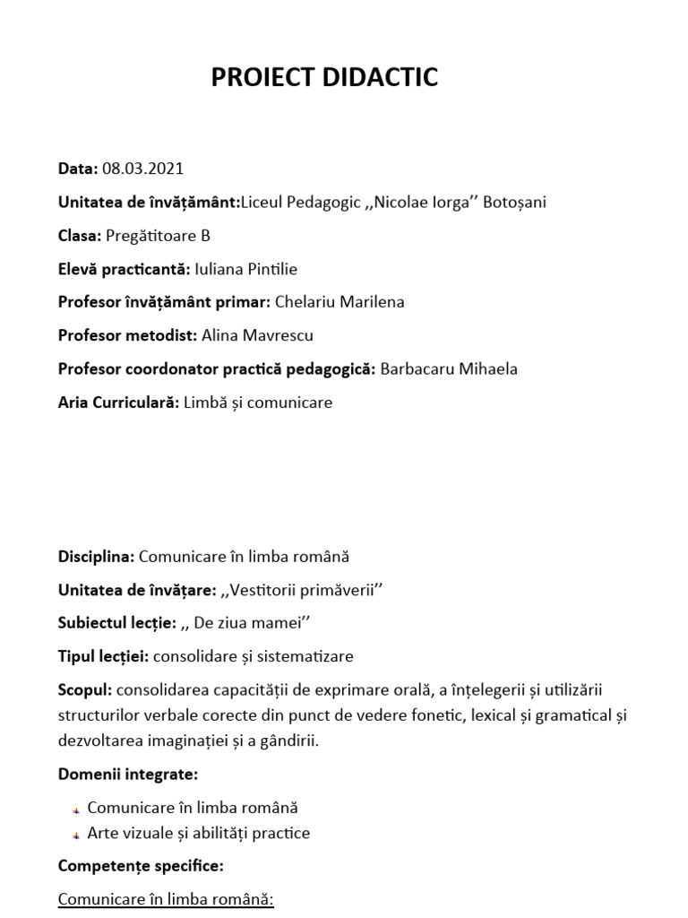 Proiect Didactic ,, de Ziua Mamei'' | PDF