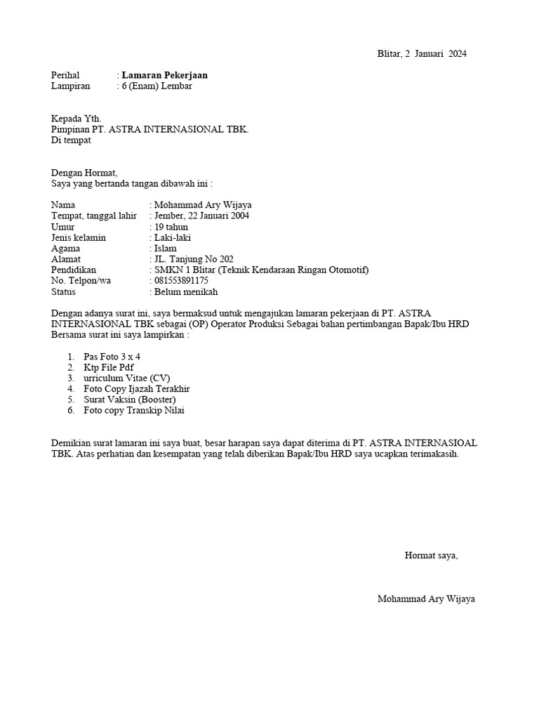 Lamaran Kerja Operator Produksi PT Astra | PDF | Karier & Perkembangan