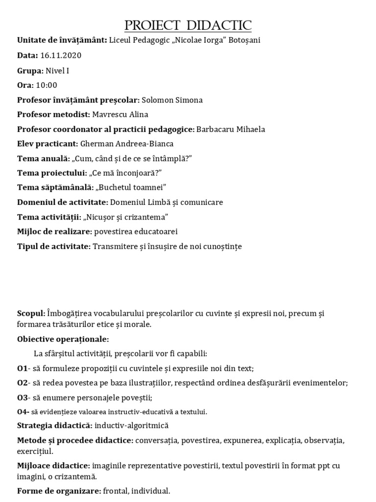 Proiect Didactic DLC 16.11.2020 | PDF