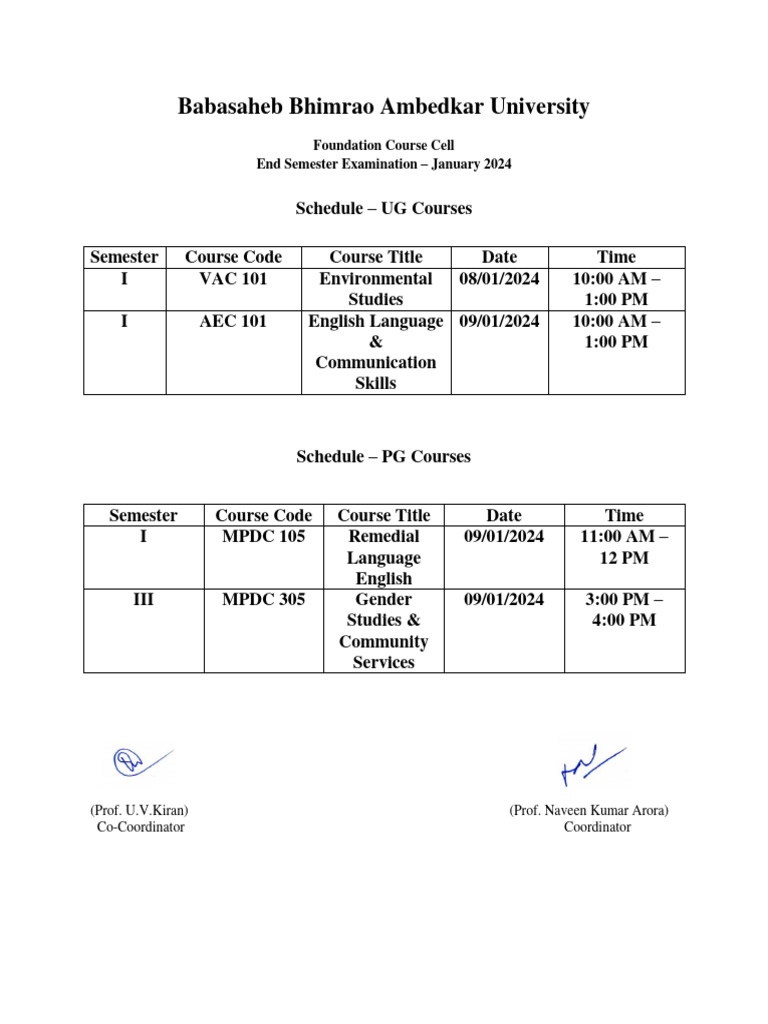 End Semester Examination Schedule Jan 2024 Vac, Aec 101, MPDC105,305-1 ...