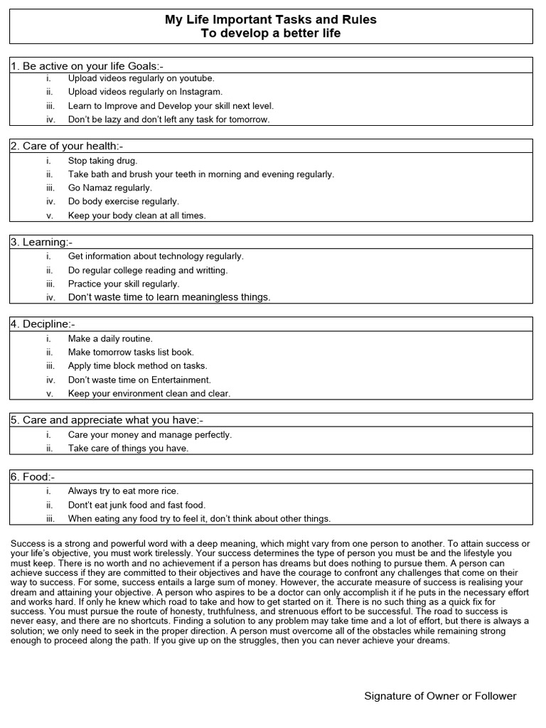 My Life Important Task and Goals | PDF