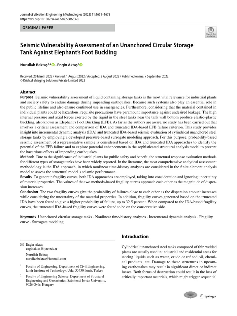 Seismic Vulnerability Assessment of An Unanchored Circular Storage Tank ...