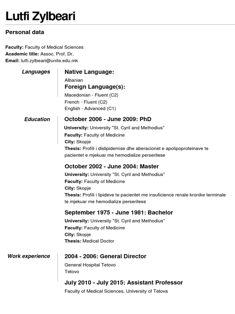 Lutfi Zylbeari CV Faculty of Medical Sciences | PDF