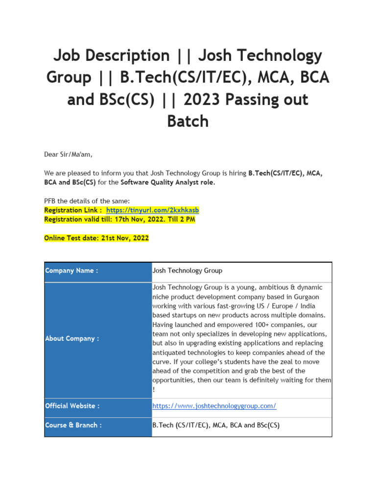 Job Description - Josh Technology Group - B | PDF | Career & Growth ...