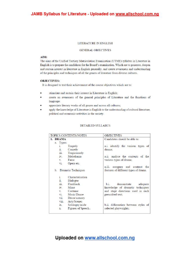 JAMB Literature Syllabus Guide | PDF