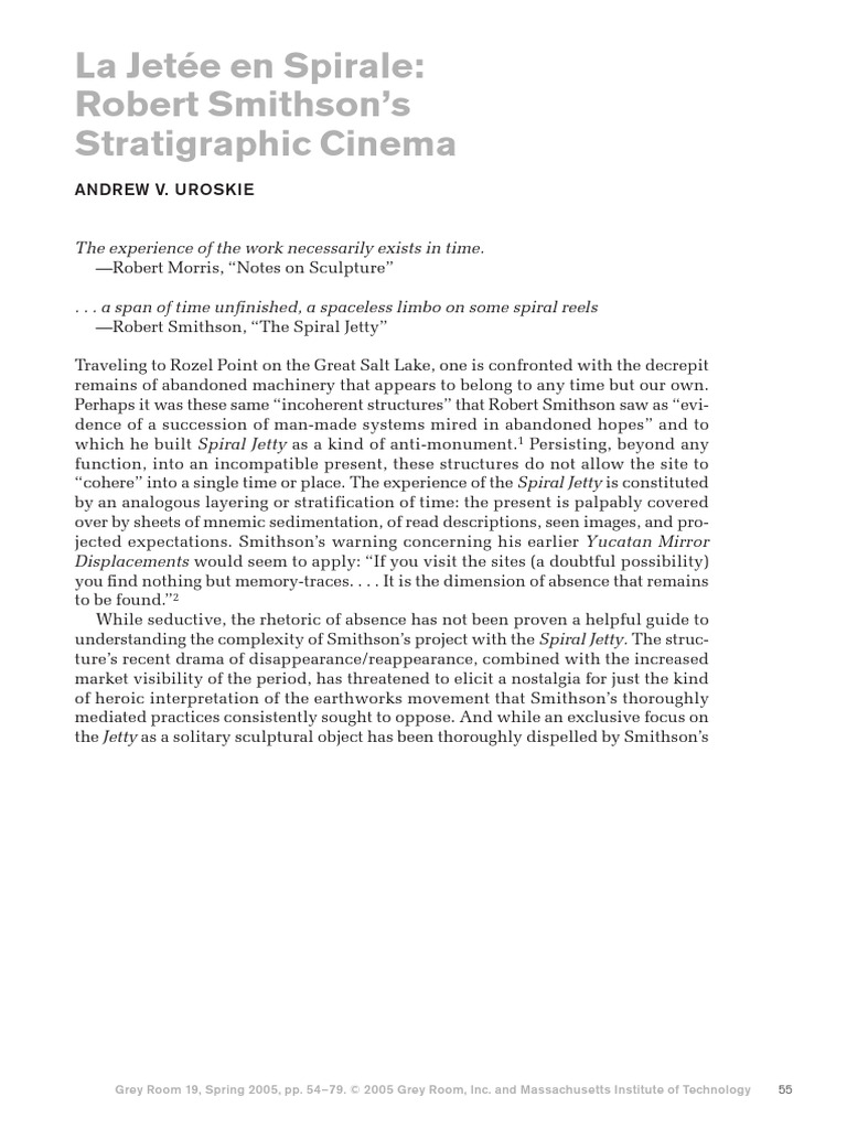 Robert Smithson La Jetee en Spirale Stratigraphic Cinema | PDF