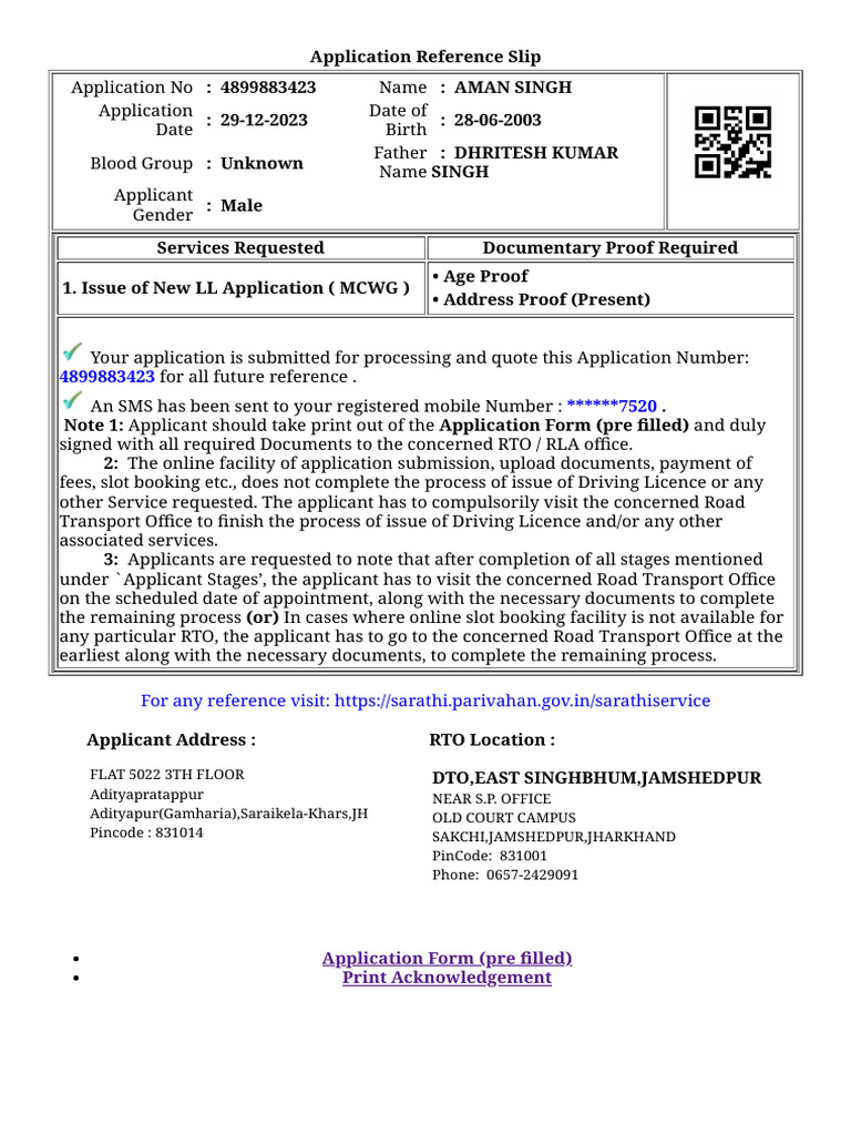 New LL Application Slip 2023 | PDF