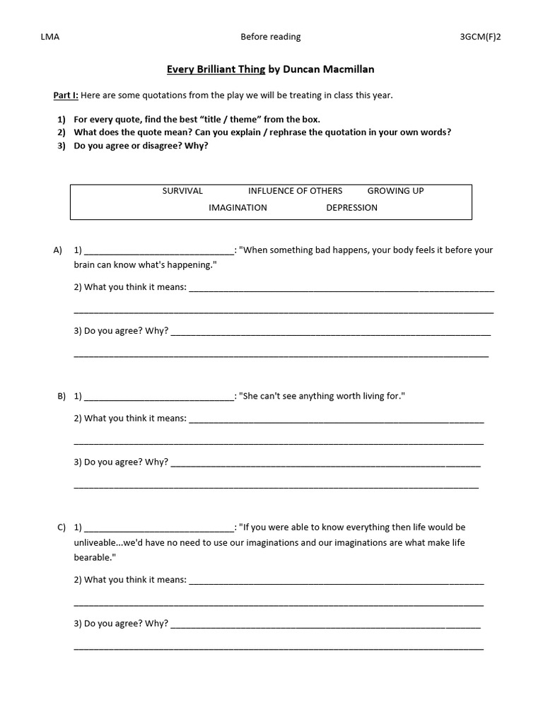 Every Brilliant Thing Worksheets | PDF
