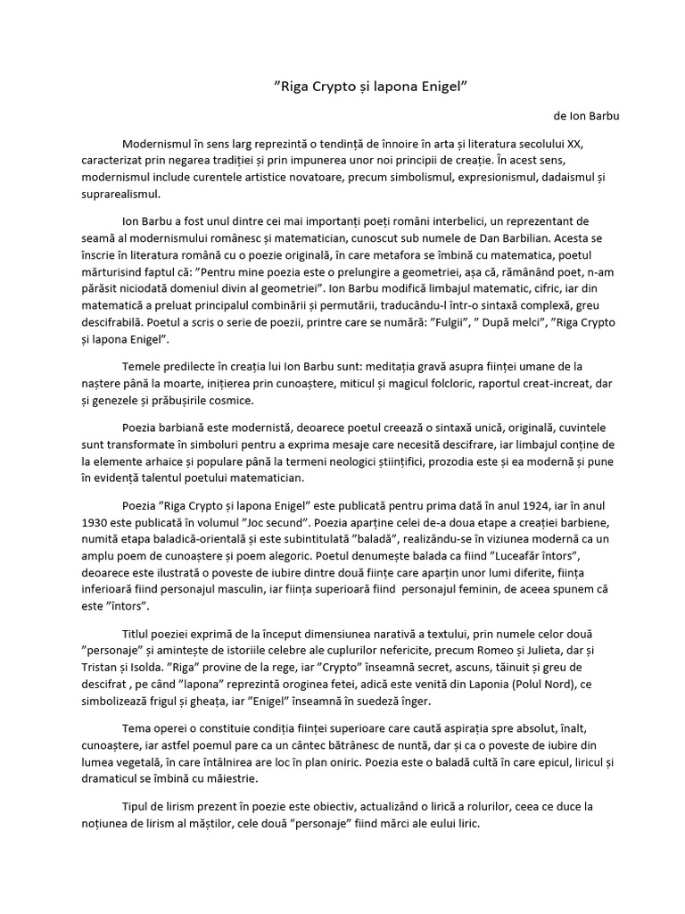 "Riga Crypto Și Lapona Enigel" de Ion Barbu | PDF