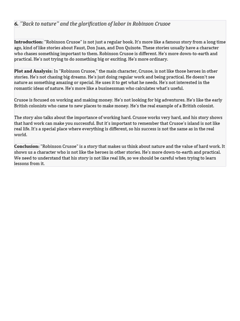 ''Back To Nature'' and The Glorification of Labor in Robinson Crusoe | PDF