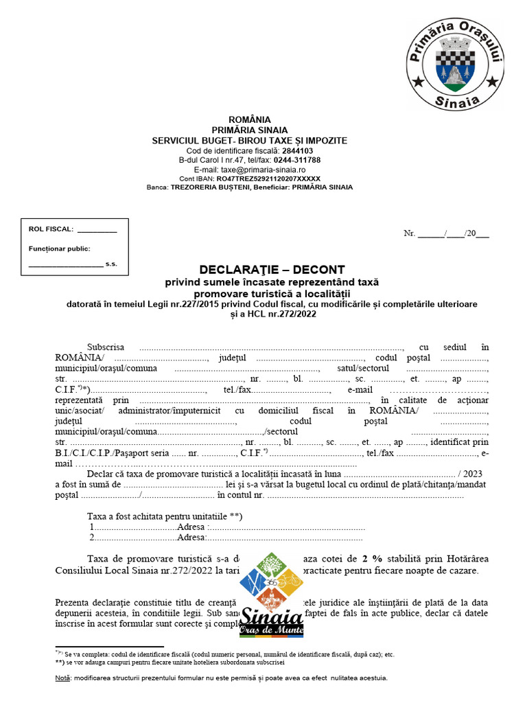 Declaratie Decont Taxa Promovare Turistica 2023 | PDF