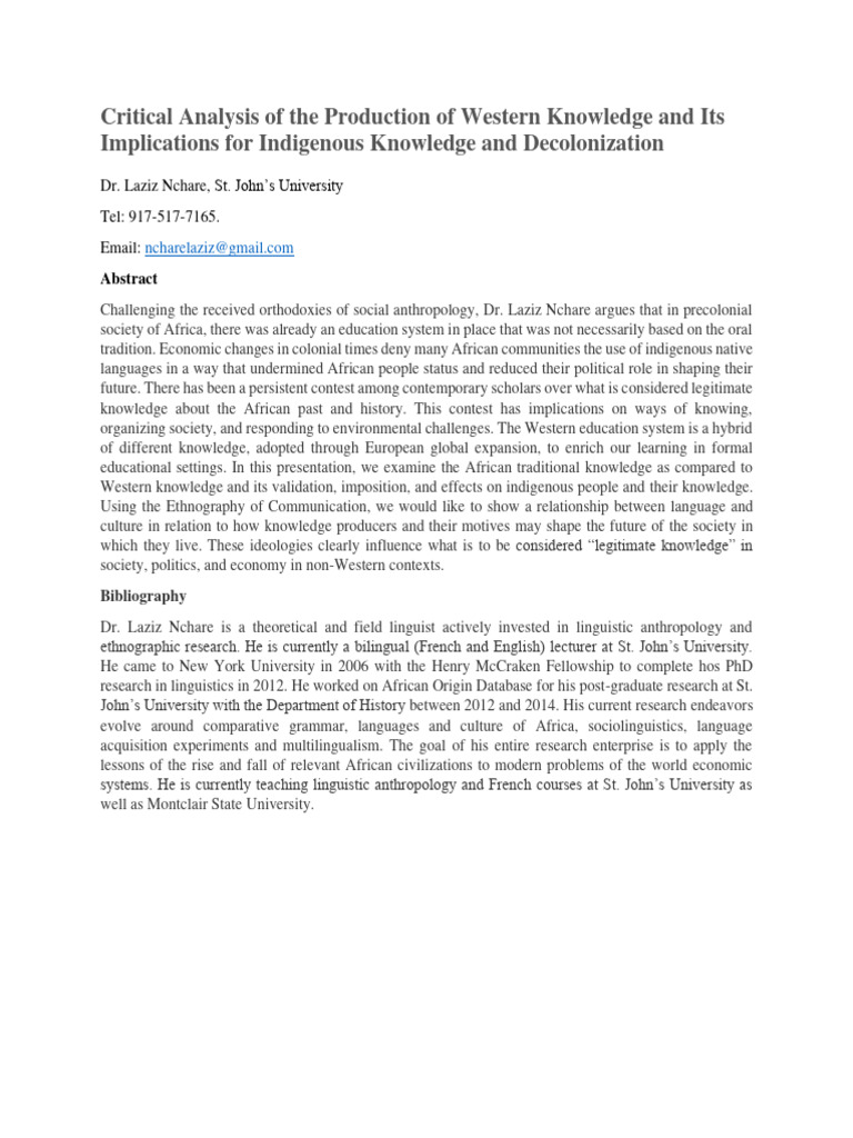 Critical Analysis of The Production of Western Knowledge and Its Implications For Indigenous ...