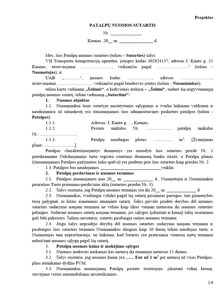 Patalpu Nuomos Sutarties Projektasl | PDF