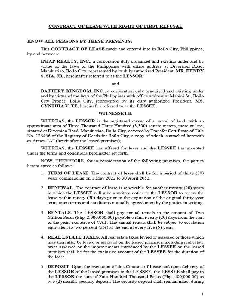 Contract of Lease with Right of First Refusal | PDF
