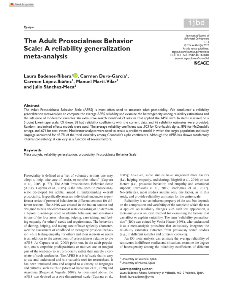 The Adult Prosocialness Behavior Scale: A Reliability Generalization Meta-Analysis | PDF