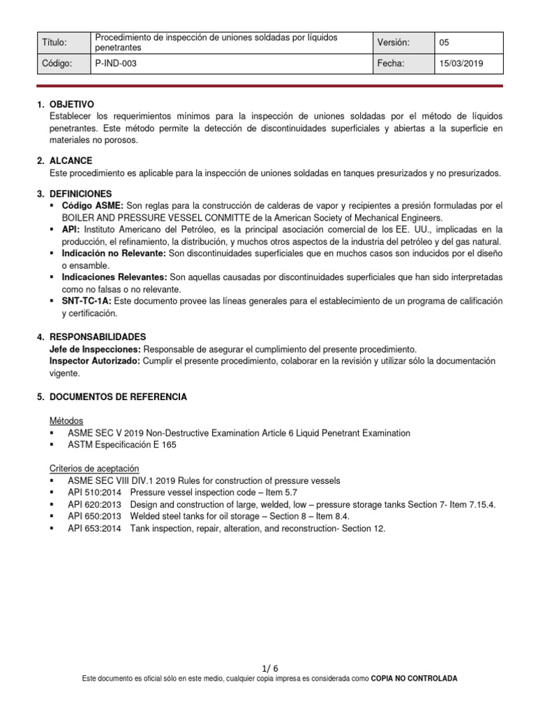 P IND 003 Procedimiento de Inspeccion de Uniones Soldadas Por Liquidos | PDF