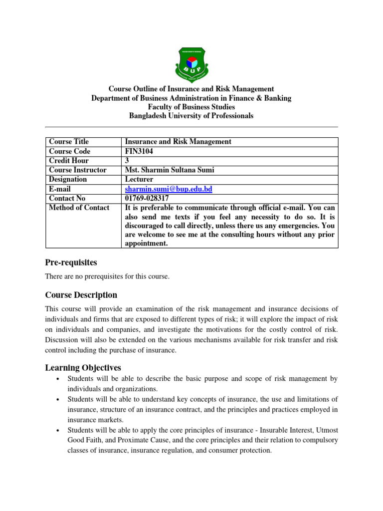Course Outline - Insurance Risk Management - Sumi | PDF | Insurance | Risk