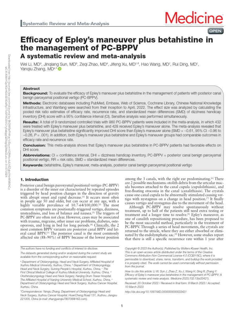 Efficacy of Epley S Maneuver Plus Betahistine In.34 | PDF