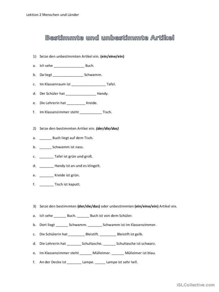 Bestimmter Und Unbestimmter Artikel Ubung - 147865 - 1 | PDF