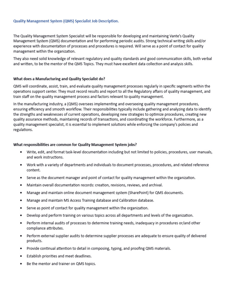 QMS Specialist Job Description | PDF