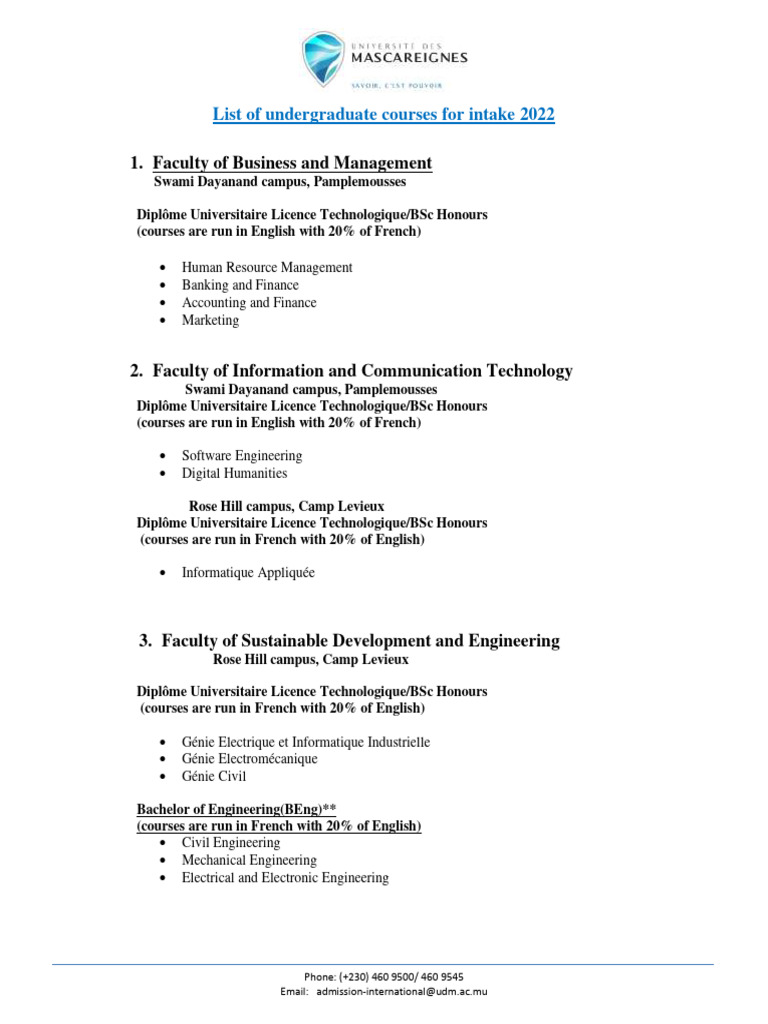 List of Undergraduate Courses For Intake 2022 and International ...
