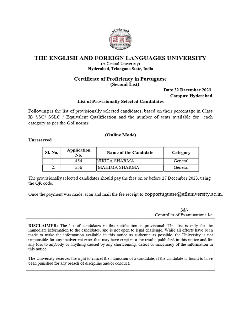Provisional Candidates for Portuguese Course | PDF