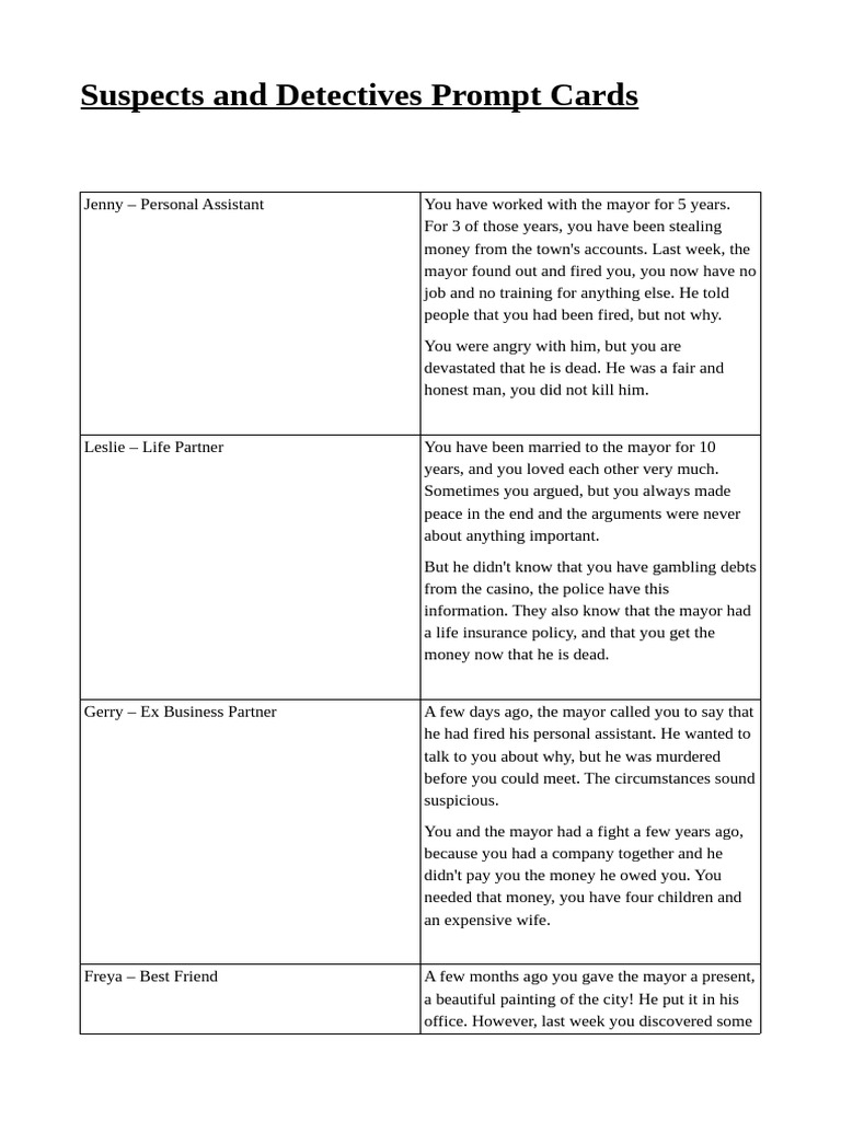Murder Mystery EFL Game Prompts | PDF