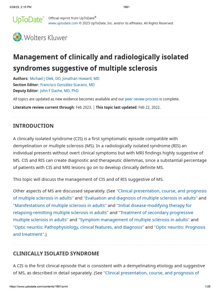 Management of Clinically and Radiologically Isolated Syndromes Suggestive of Multiple Sclerosis ...