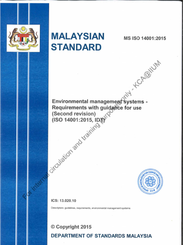 MS ISO 14001 2015 Environmental Management Systems - Watermark | PDF