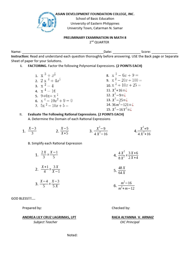 Math 8 Preliminary Exam: Factoring & Expressions | PDF