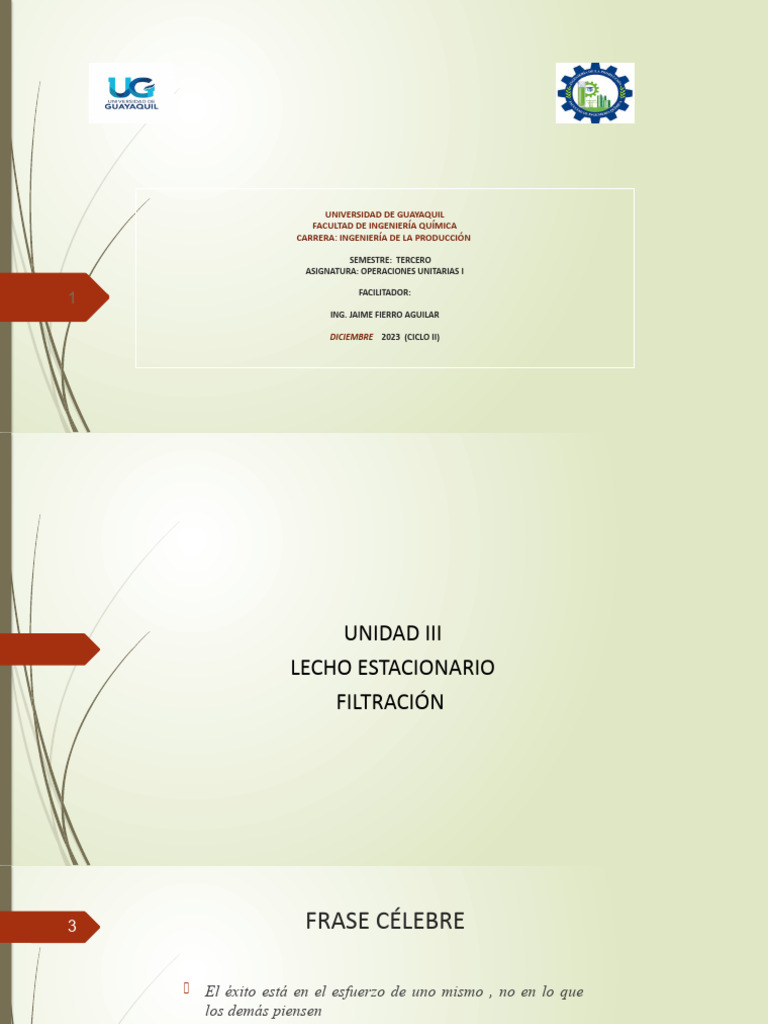 Op Unitarias... Unidad III Lecho Filtrante (Filtración) .. Objetivos ...