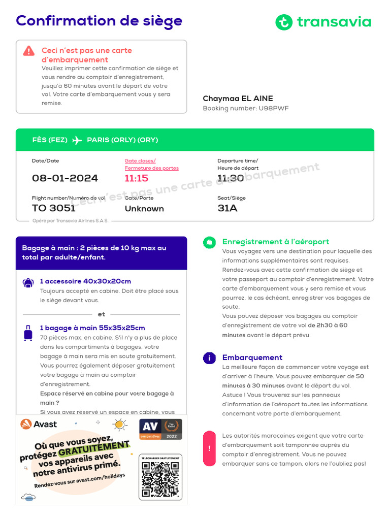 Transavia Seat Confirmation Chaymaa EL AINE | PDF
