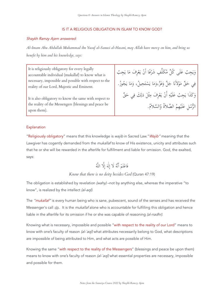 Is It A Religious Obligation in Islam To Know God? Answered by Ramzy Ajem | PDF