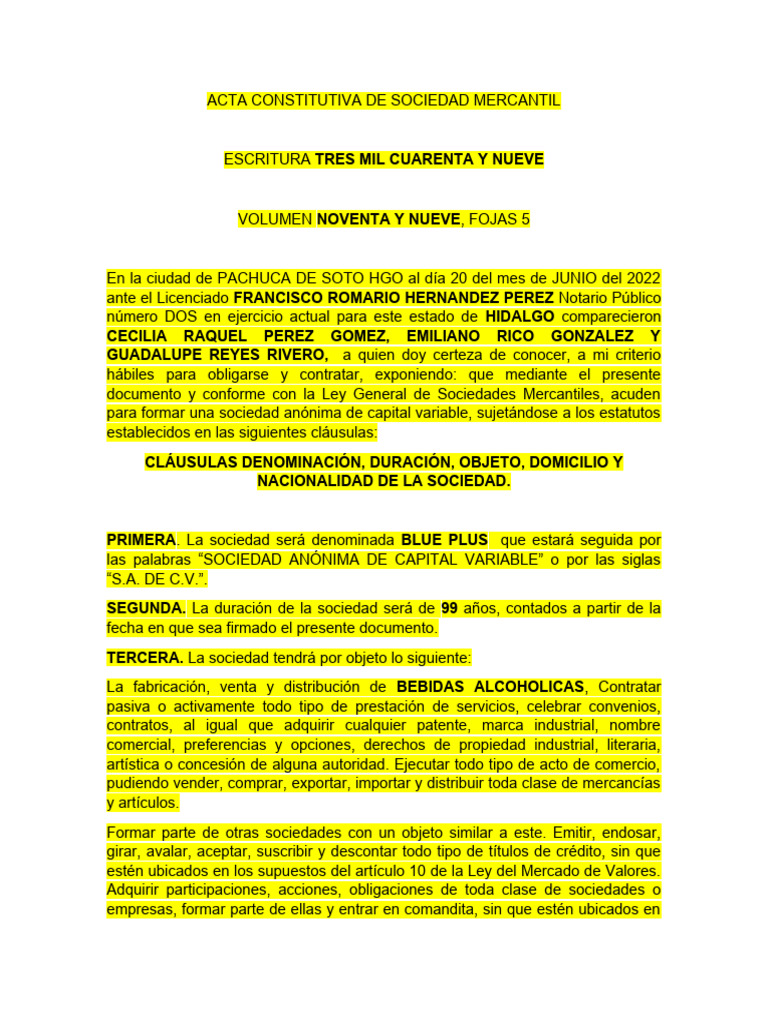 Acta Constitutiva de Sociedad Mercantil Correccion 3 | PDF | Sociedad de responsabilidad ...