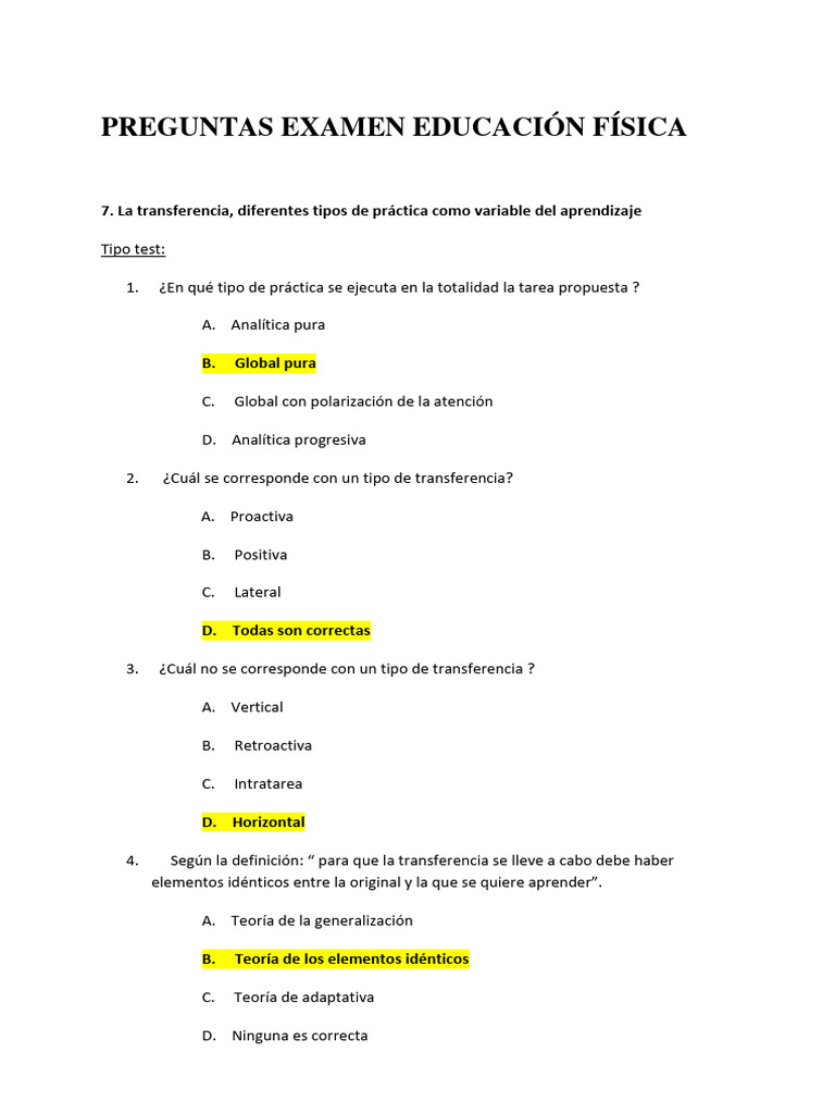 PREGUNTAS EXAMEN EDUCACIÓN FÍSICA | PDF