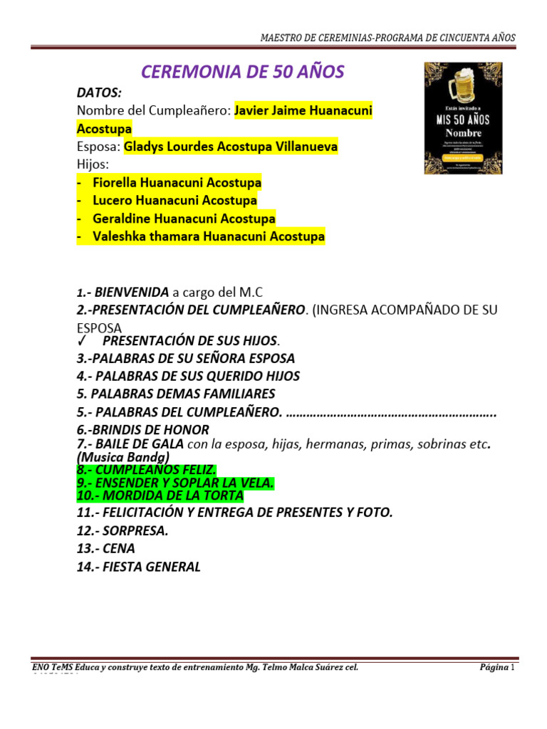 11.-PROGRAMA DE CEREMONIA DE 50 AÑOS - CMP | PDF