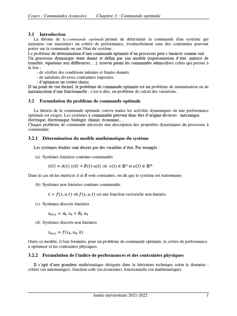Chapitre3 Commande Optimale | PDF