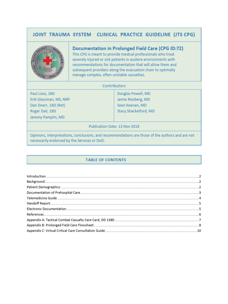Joint Trauma System Clinical Practice Guideline (Jts CPG) Documentation in Prolonged Field Care ...