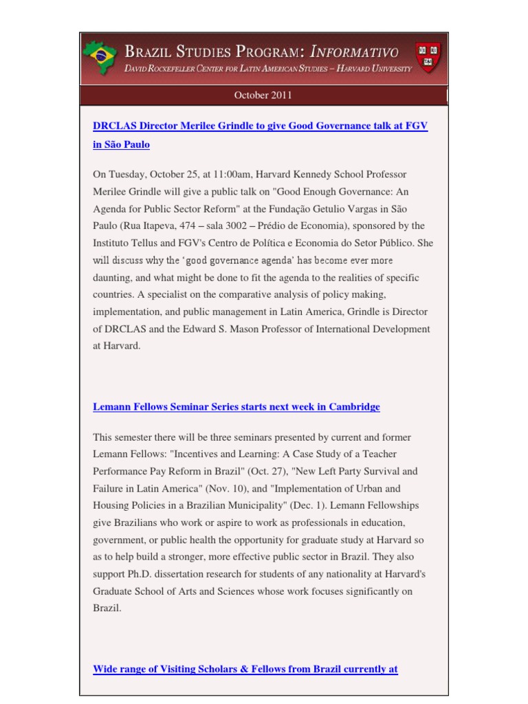 DRCLAS Director Merilee Grindle To Give Good Governance Talk at FGV in ...