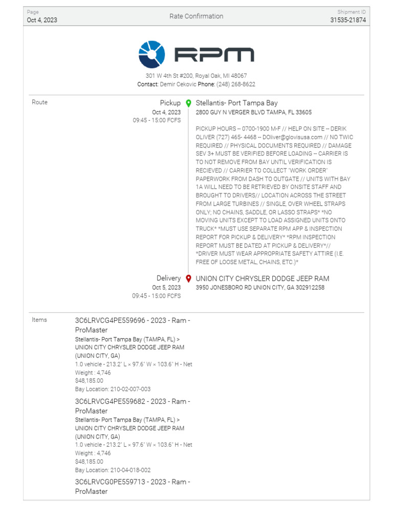 Carrier Rate Confirmation - 31535-21874 | PDF