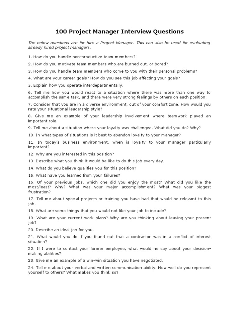 100 Project Manager Interview Questions | PDF | Leadership | Consultant
