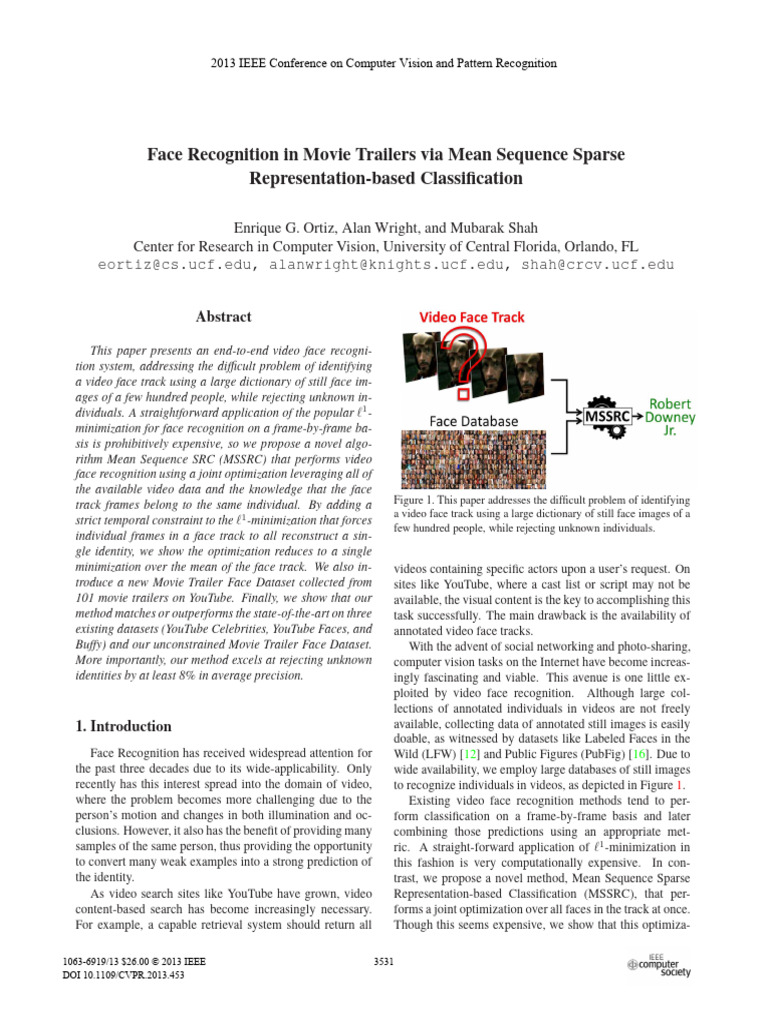 Face Recognition In Movie Trailers Via Mean Sequence Sparse