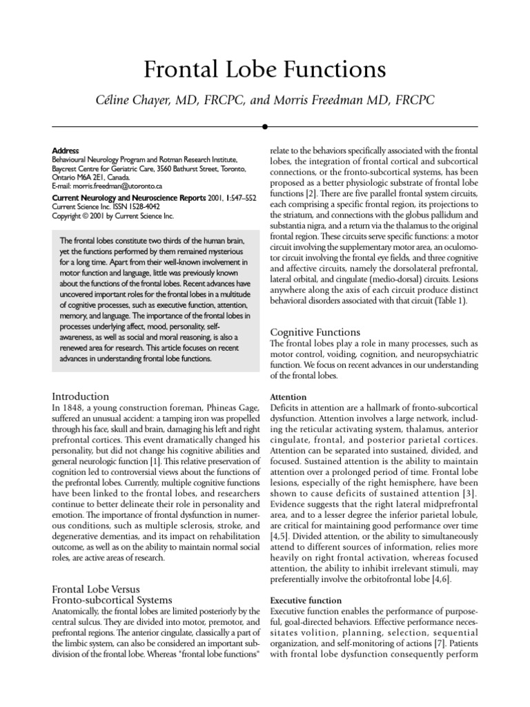 Frontal Lobe Functions | PDF