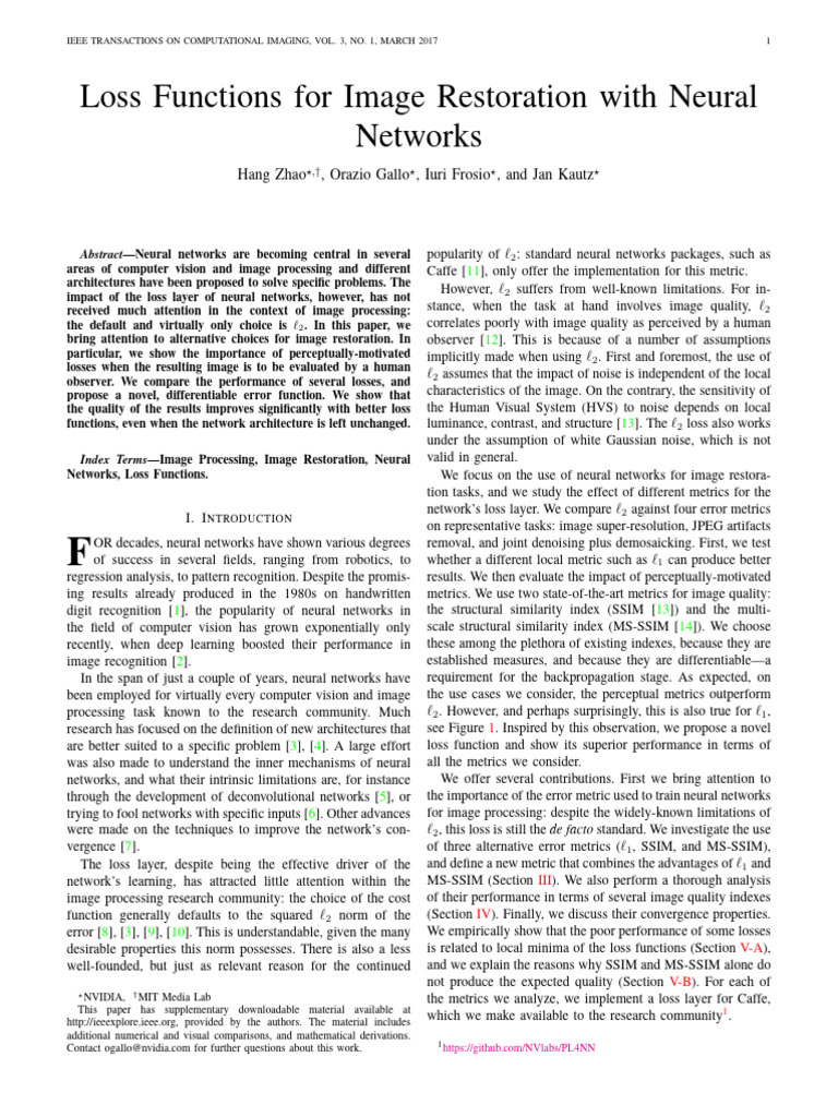 Loss Functions For Image Restoration With Neural - Network | PDF
