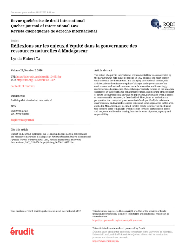 Réflexions Sur Les Enjeux D'équité Dans La Gouvernance Des Ressources Naturelles À Madagascar | PDF